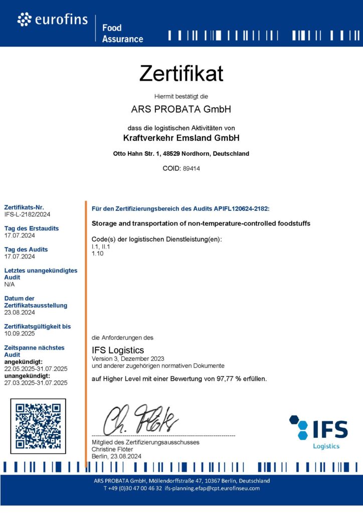 Kraftverkehr Emsland erfolgreich IFS zertifiziert • BE BLOG